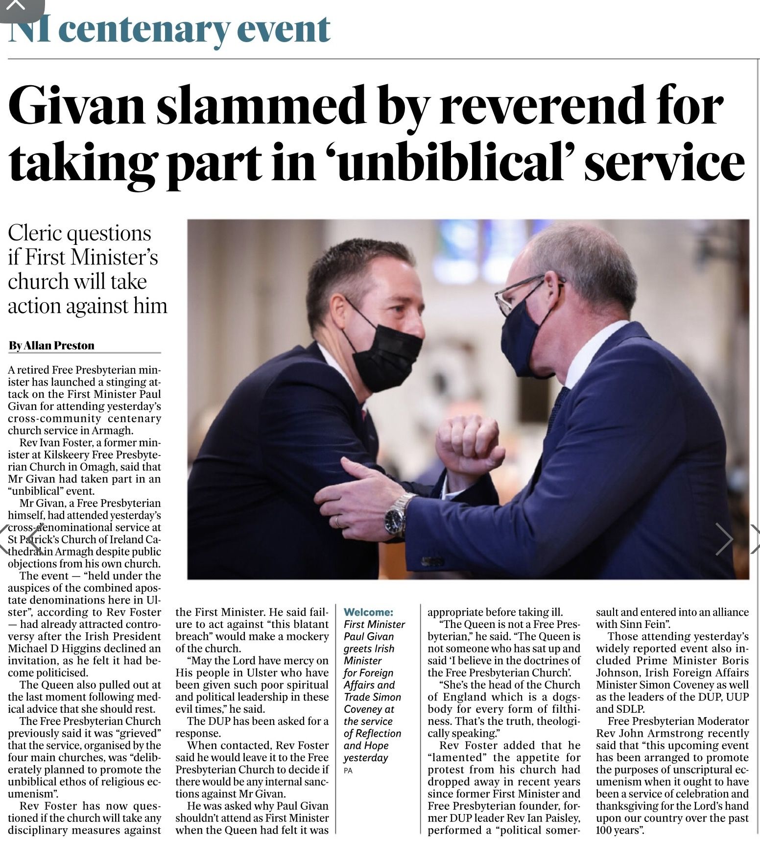 Belfast Telegraph: “Givan slammed by reverend for taking part in ...